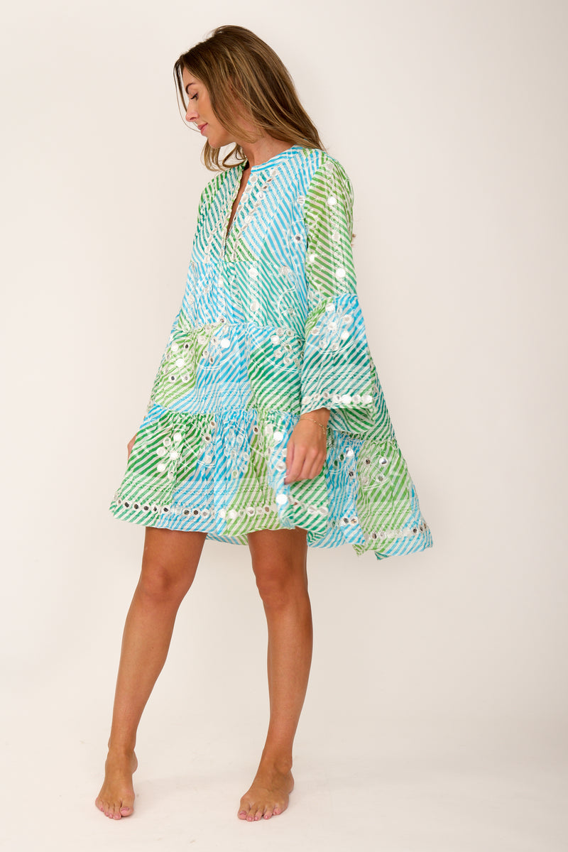 The Bell Mini Dress Green & Blue – Popski London